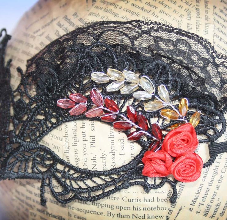 Black Lace Red Rose Beaded Masquerade Mask Fanc... - Folksy