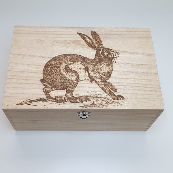Hare wooden memory box, pyrography decorated ke... - Folksy