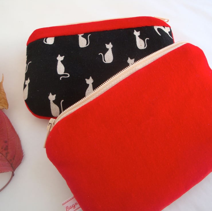 Cotton and red velvet Coin Purse - Cat coin Pu... - Folksy