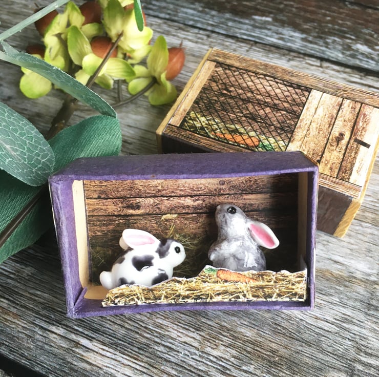 Matchbox art. Diorama - Rabbits in hutch. East... - Folksy
