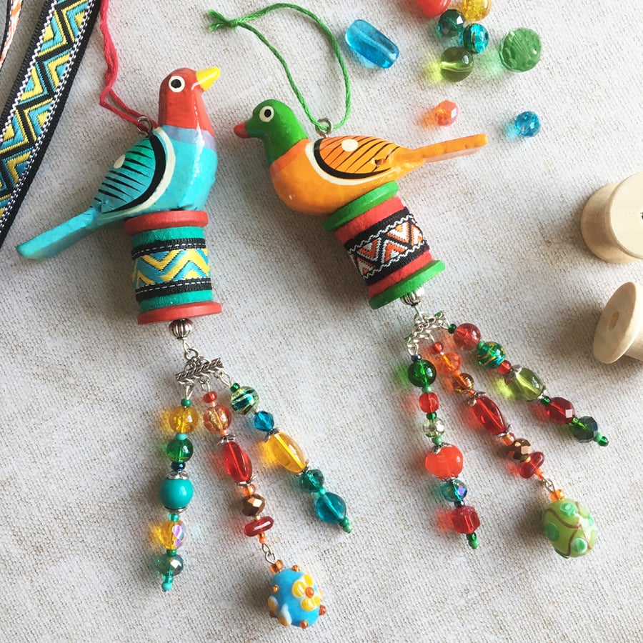 Quirky beaded bobbin bird. Wooden bird hanging. - Folksy
