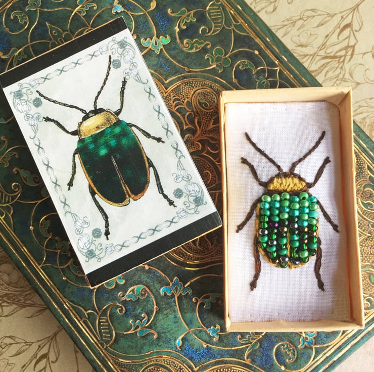 Beaded beetle in vintage matchbox. Embroidered ... - Folksy