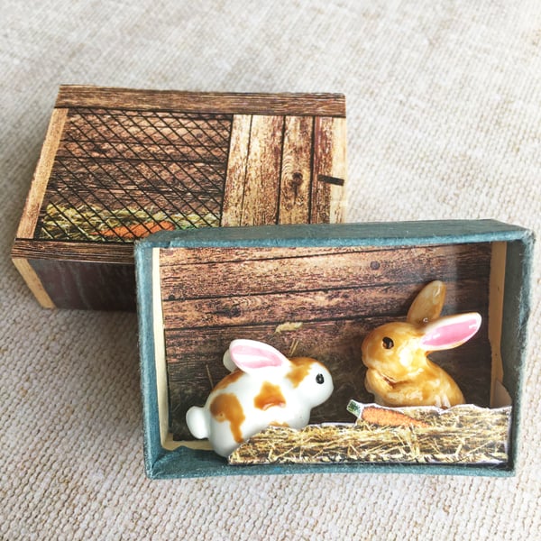 Matchbox art. Diorama - Rabbits in hutch, rabb... - Folksy