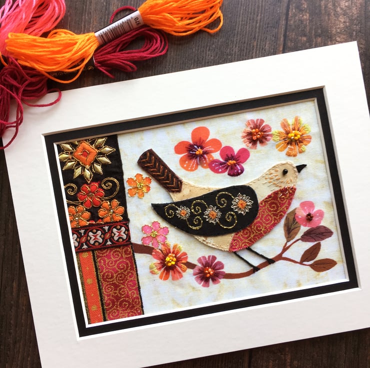 Textile picture of bird and flowers, fabric art... - Folksy