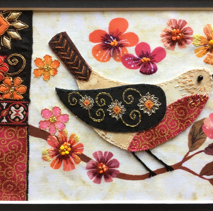 Textile picture of bird and flowers, fabric art... - Folksy