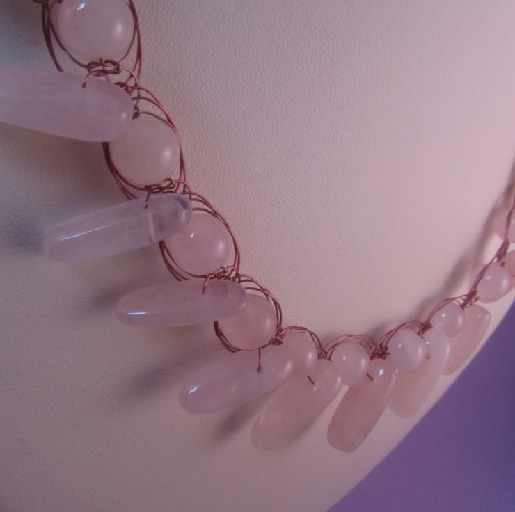 Pink Rose Quartz Macrame Necklace - Folksy