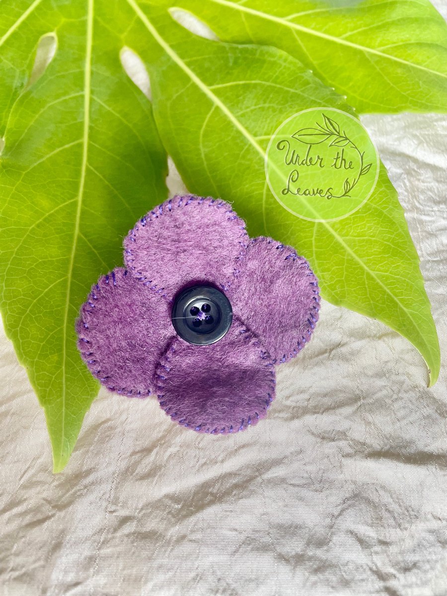Hand sewn purple felt button poppy brooch pin - Folksy