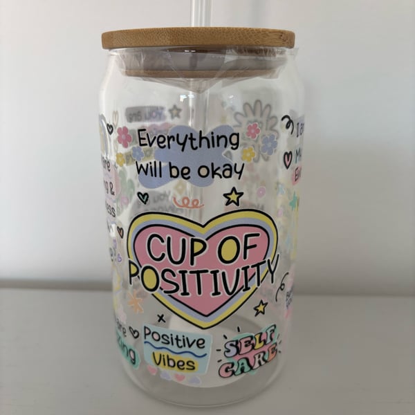 Cup Of Positivity Libby glass cup with bamboo l... - Folksy