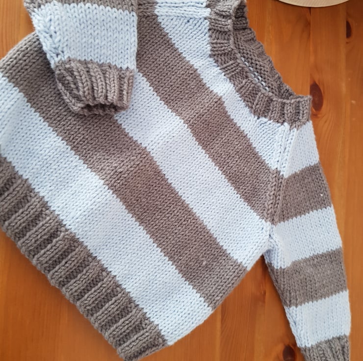 Hand Knitted Baby Blue and Grey Striped Jumper ... - Folksy