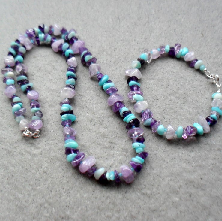 Amethyst and amazonite Beaded Necklace Sterling... - Folksy