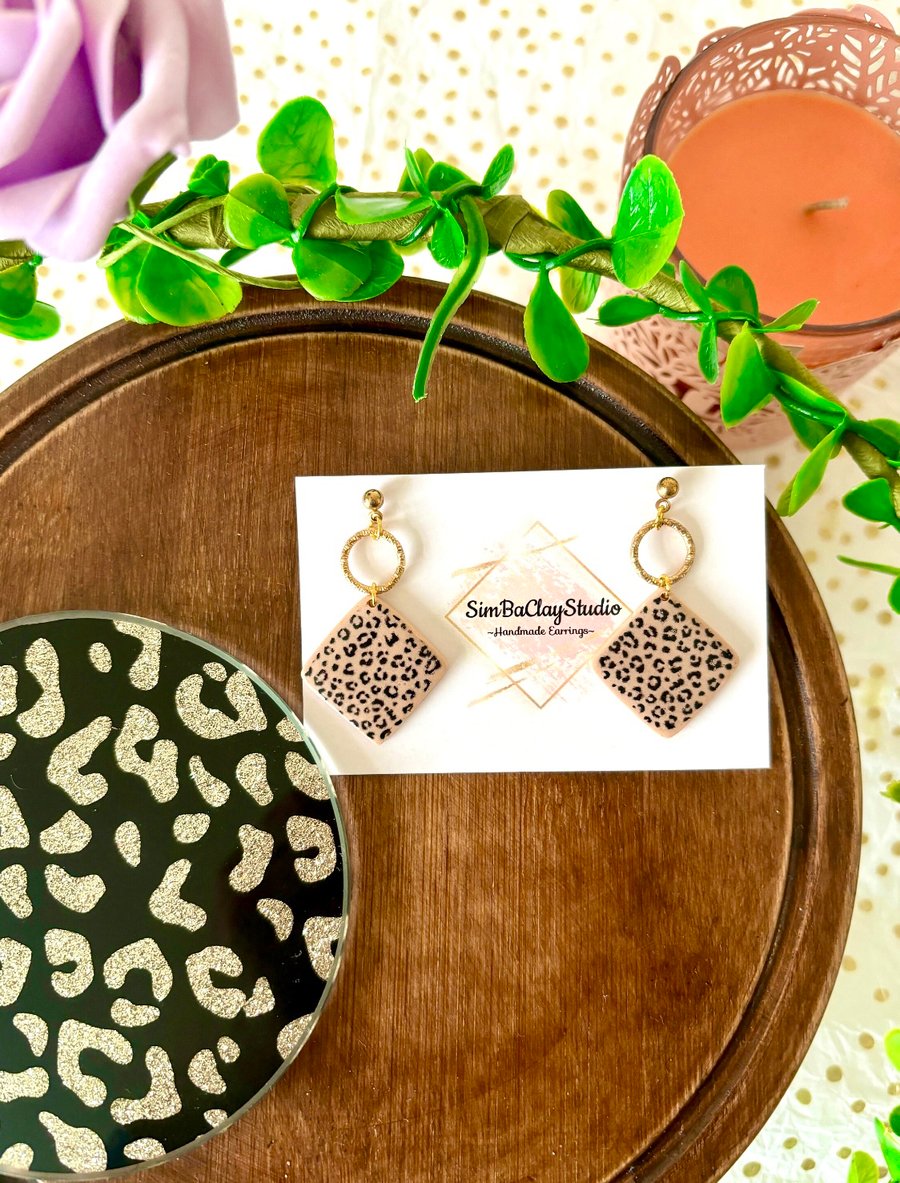 Leopard print polymer clay earrings - Folksy