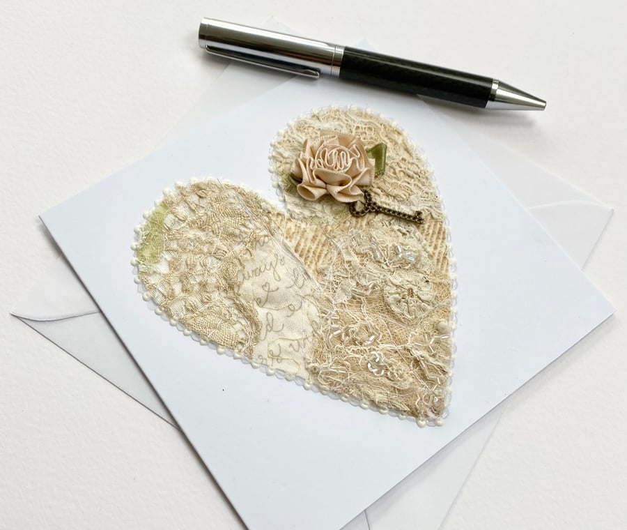 Up-cycled vintage lace embroidered heart card w... - Folksy