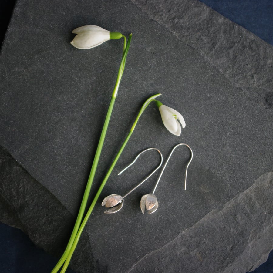 Silver Snowdrop Long Dangle Earrings - Folksy