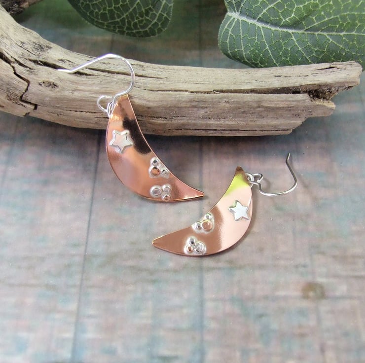 Earrings, Sterling Silver and Copper Moon &... - Folksy