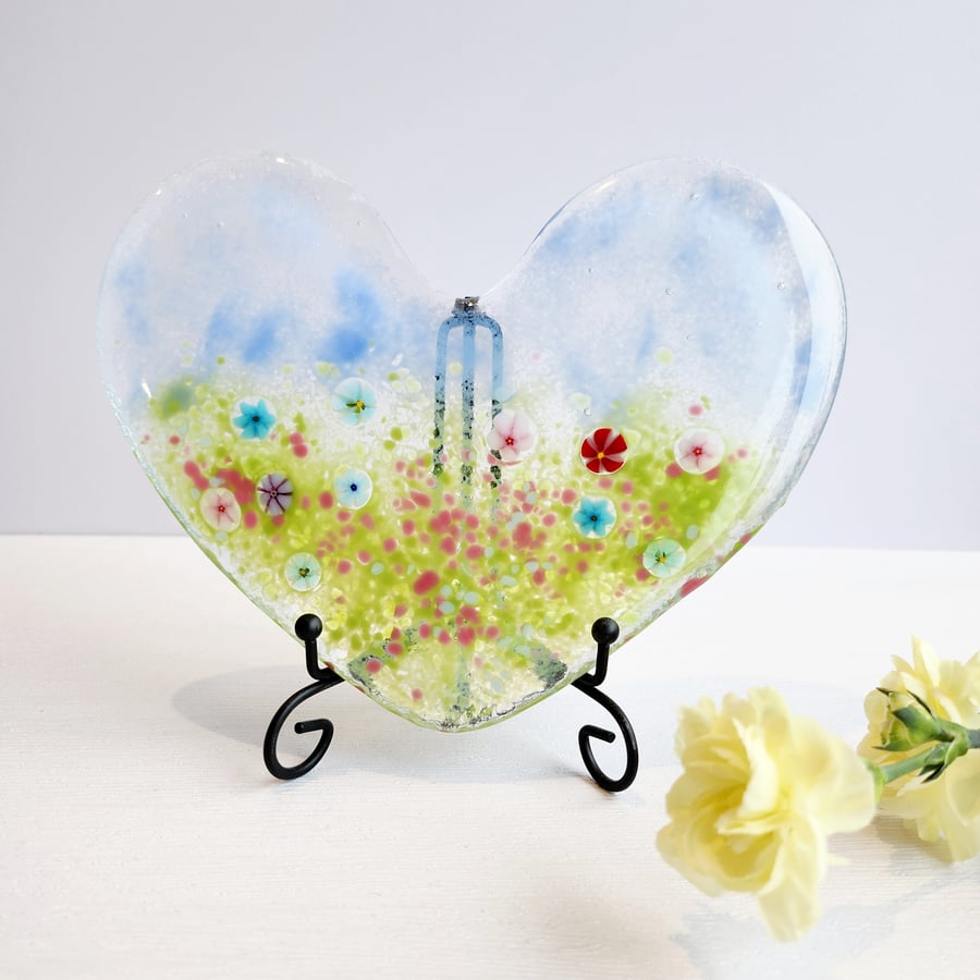 Large fused glass cast heart with black stand - Folksy