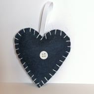 Handmade navy felt heart with white stitching, ... - Folksy
