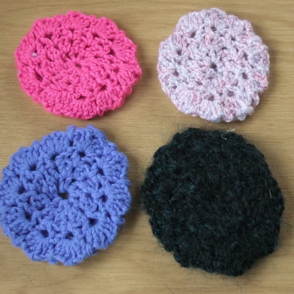 Four crochet bun hair nets, colourful, handmade... - Folksy