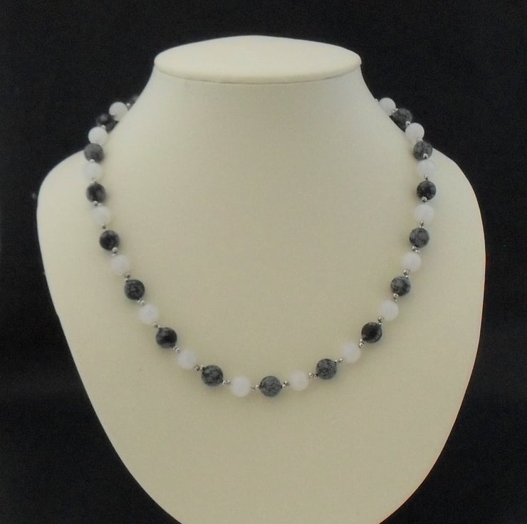 Snowflake obsidian & white jade necklace - Folksy