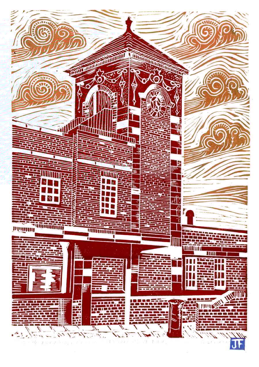 Nuneaton Railway Station Clock Tower, linocut p... - Folksy