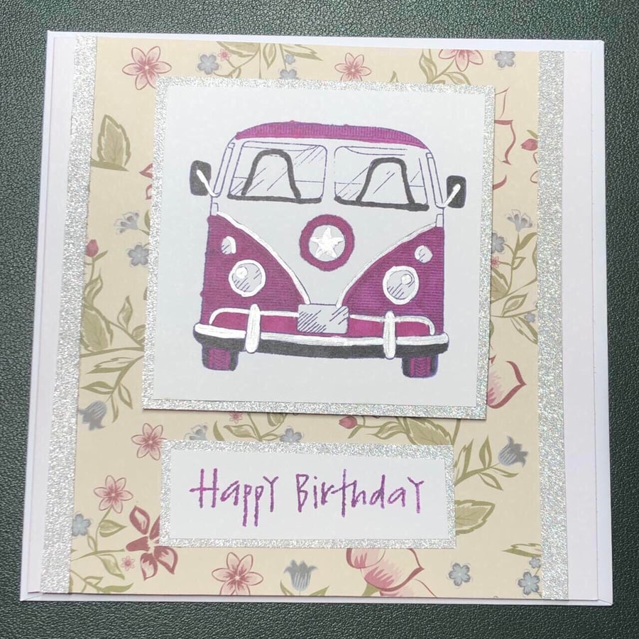 Floral camper van birthday card - Folksy