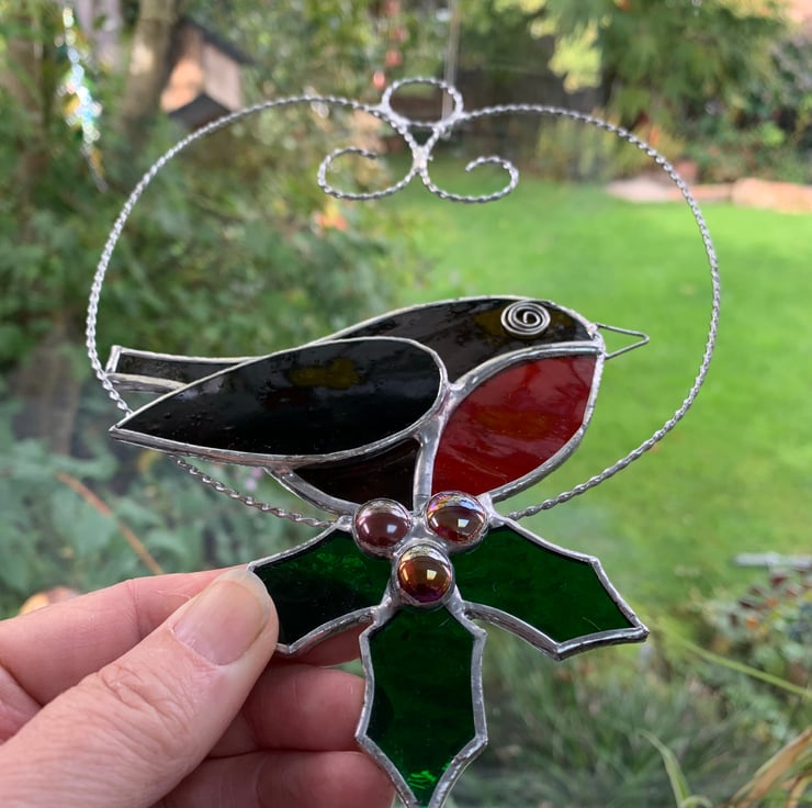 Stained Glass Robin and Holly Suncatcher - Hand... - Folksy