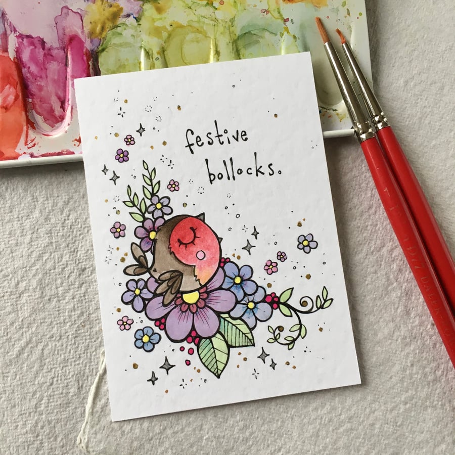 festive robin - original aceo - Folksy