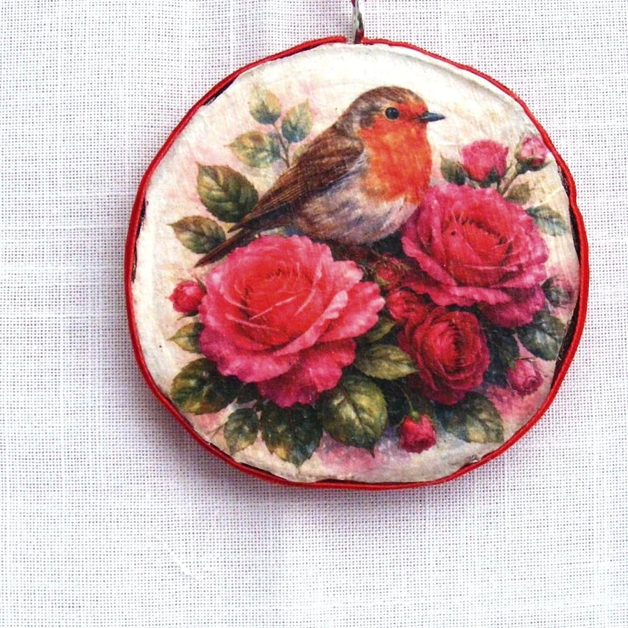 Robin decoupaged log slice wall decoration - Folksy
