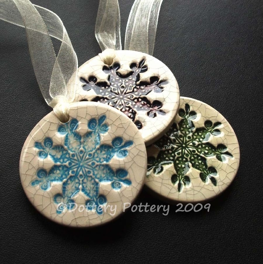 mixed colour set of crackle ceramic snowflake d... - Folksy