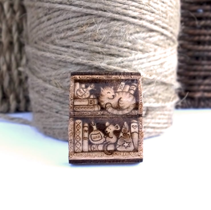 Wooden pyrography book shaped bookshelf brooch ... - Folksy