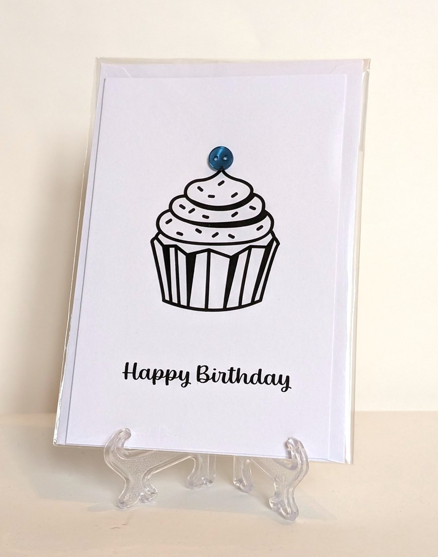 Happy Birthday cake button greetings card - Folksy