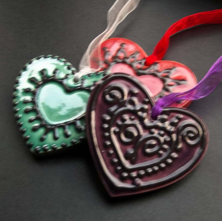 Set of three ceramic heart decorations - Folksy