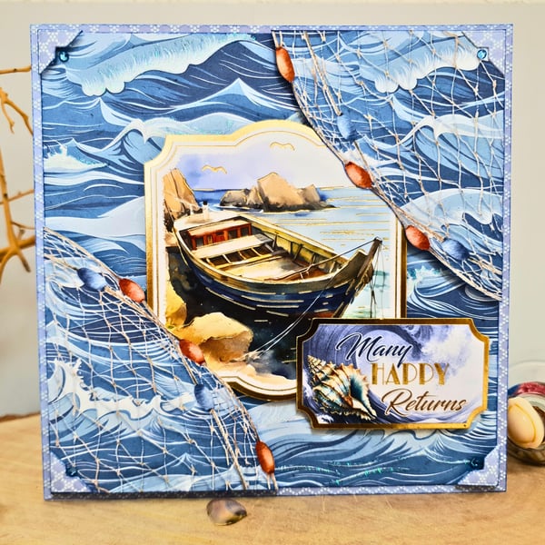 Sea themed birthday card with fishing row boat ... - Folksy