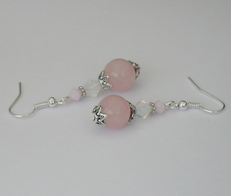 Pink rose quartz earrings, made with Swarovski ... - Folksy