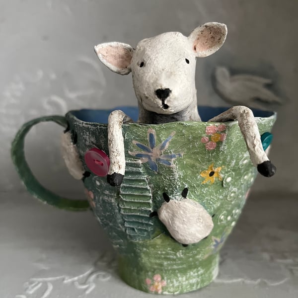 Paper mache sheep in a cup assemblage art - Folksy