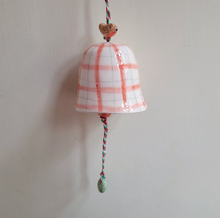 ceramic red gingham bell with small robin Handm... - Folksy