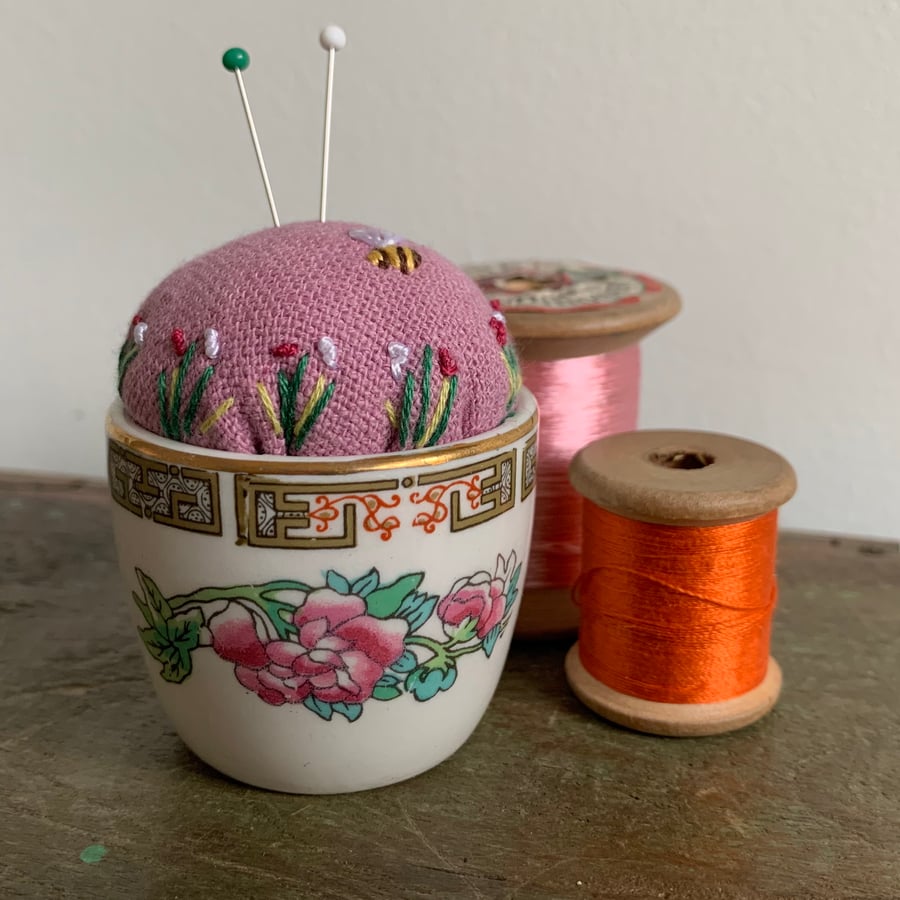 Vintage floral egg cup embroidered pin cushion - Folksy