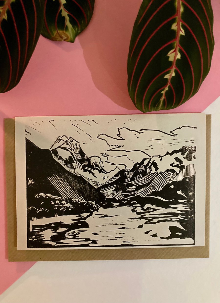 Card - Linocut design - Mount Cook - Folksy