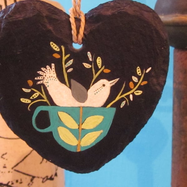 Slate Hanging Heart..Original painting of a bir... - Folksy