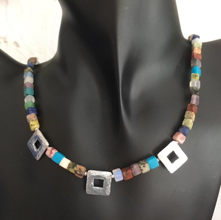 Sterling silver square bead multi coloured neck... - Folksy