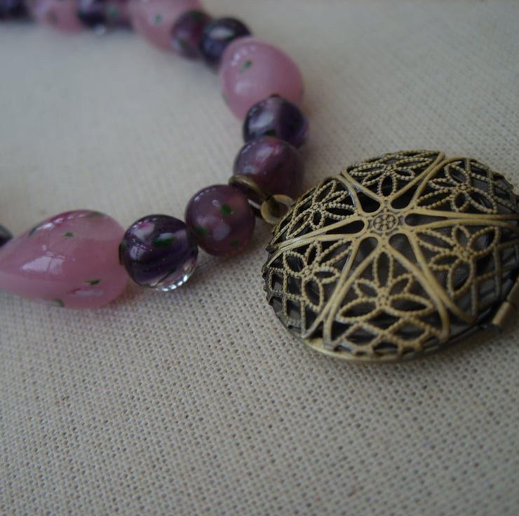 Sale - Vintage Bronze Locket in Pink & Lilac - Folksy