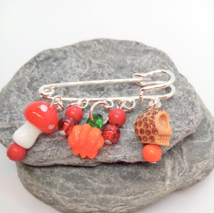 Kilt Pin with Toadstool Skull & Pumpkin Cha... - Folksy