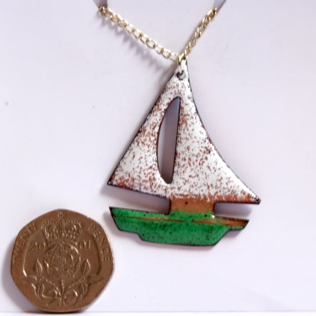 boat with green hull and white sails - pendant - Folksy