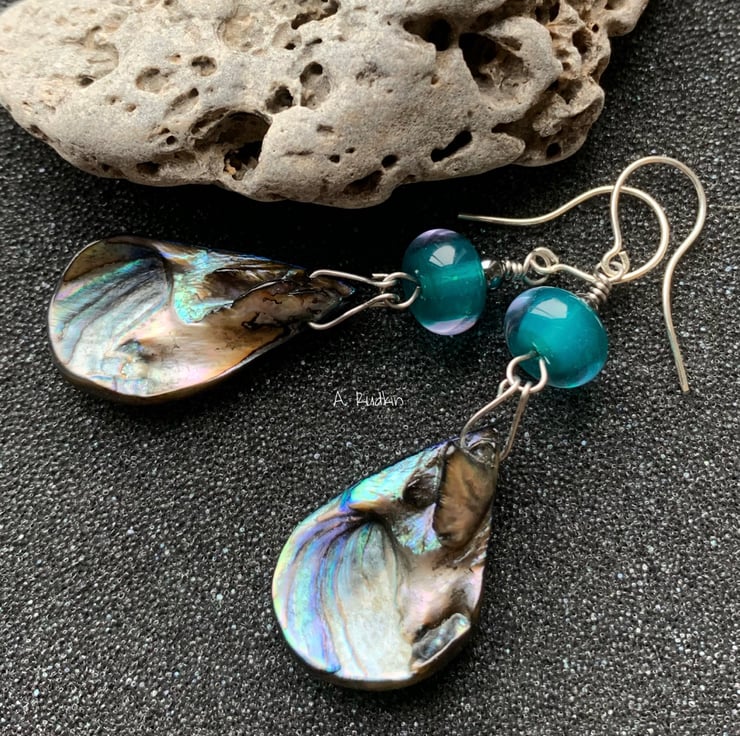 Shell, hematite & lampwork glass bead dangl... - Folksy