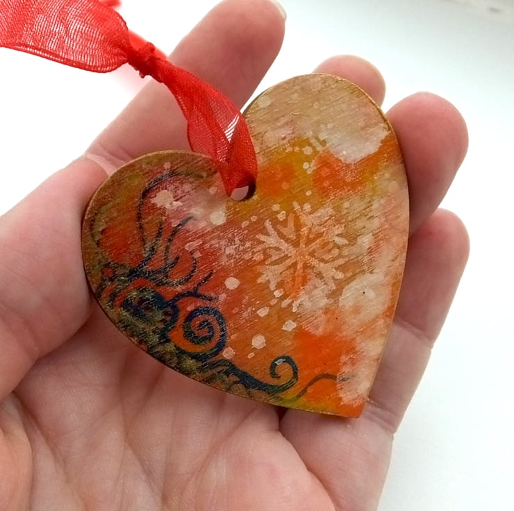 Heart shaped pair of bright handpainted Christm... - Folksy