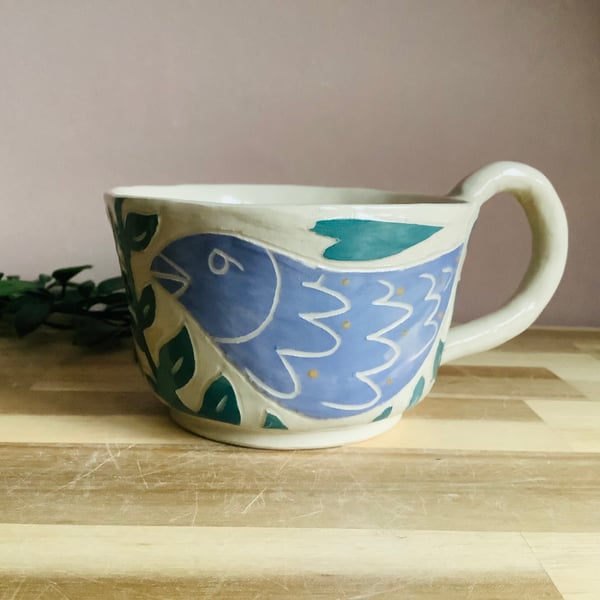 Handmade stoneware sgraffito green leaf and lil... - Folksy