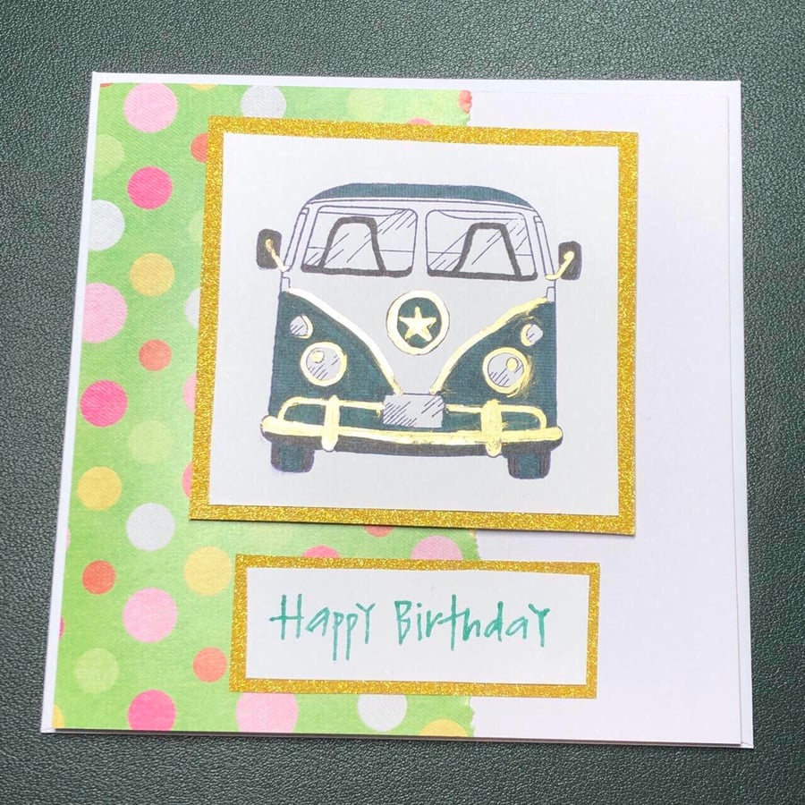 Green camper van birthday card - Folksy
