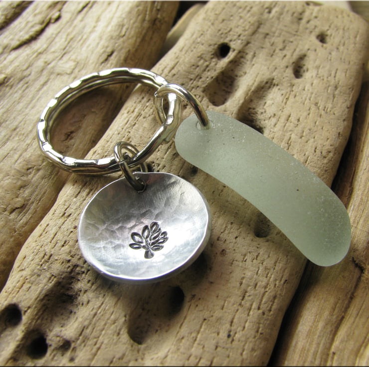 Natural sea glass, stamped keyring - Folksy