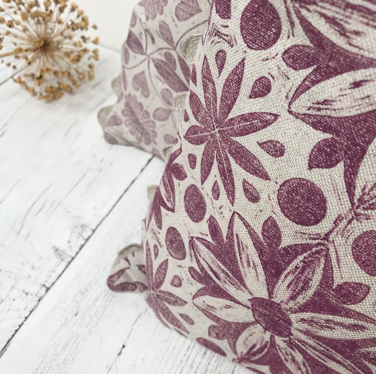 Hand Printed Linen Cushion - RUNA - Raspberry Red - Folksy