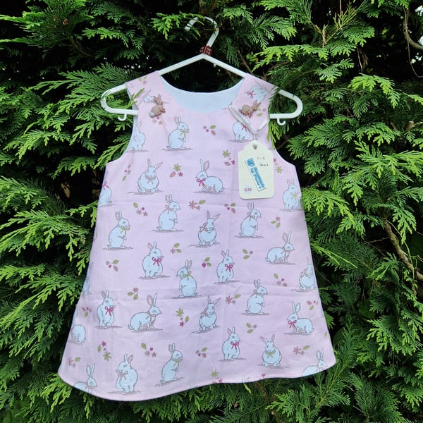 Age: 1-2yr Rabbits in Bows on a Pink Dress. - Folksy