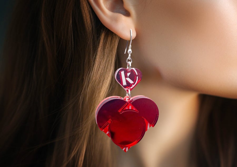 Red Heart Dangle Earrings - Vibrant Retro Kidco... - Folksy